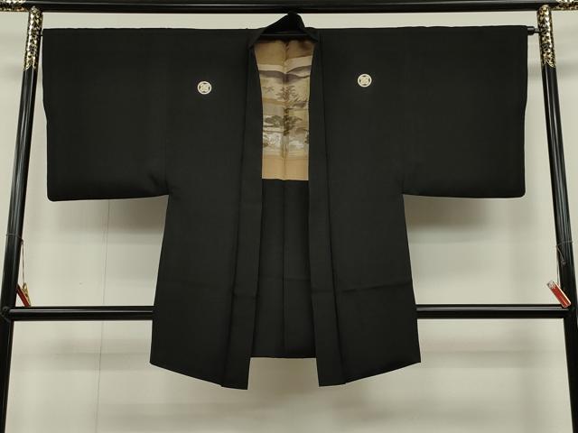 平和屋着物＃男性　黒紋付　長羽織　羽裏：風景文　正絹　逸品　CAAT5736id