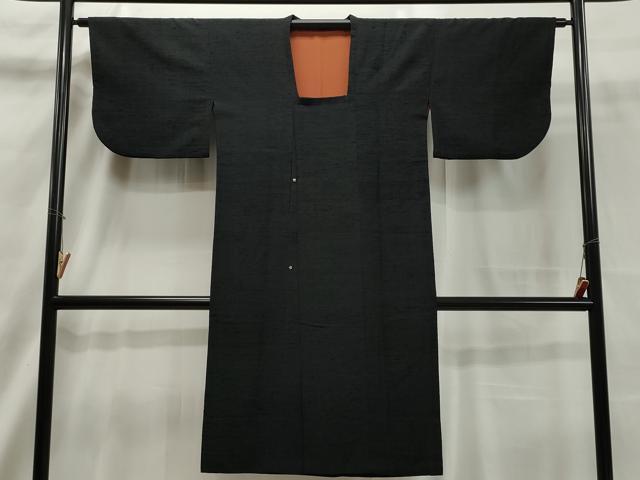 平和屋着物▽道行コート　単衣　紬地　漆黒色　黒地　ロング丈　正絹　逸品　CAAT5867id