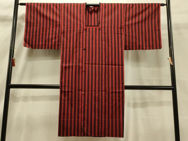 平和屋着物▽道行コート　単衣　雨コート　縞　黒地　ロング丈　正絹　逸品　CAAT5879id