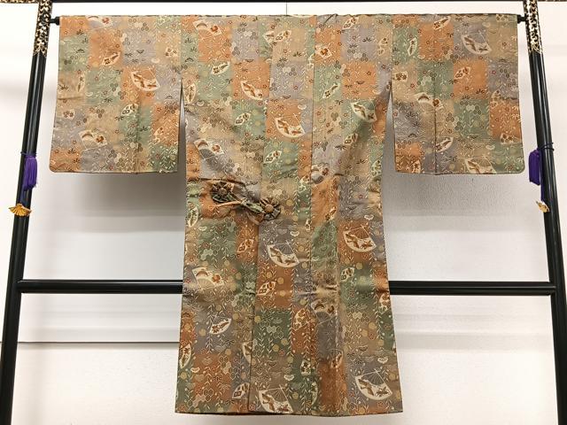 平和屋着物＃道中着　扇面宝尽くし花文　ロング丈　正絹　逸品　CAAT5960id