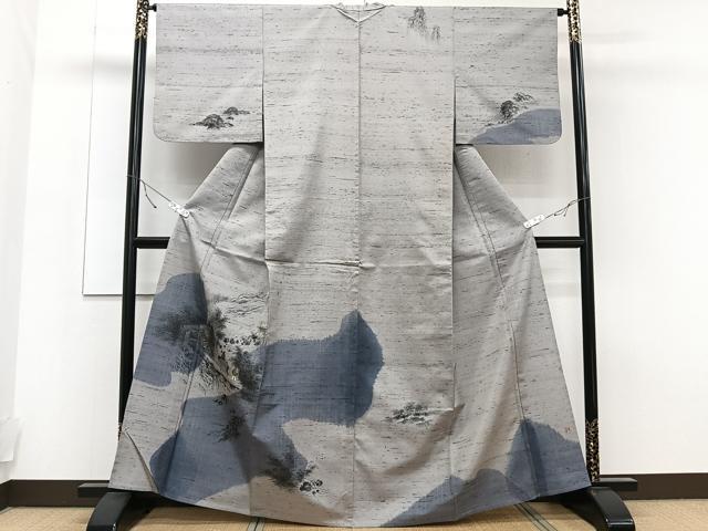 平和屋着物▽訪問着　単衣　作家物　紬地　手描き　人物風景文　金彩　正絹　逸品　CAAT6542xi