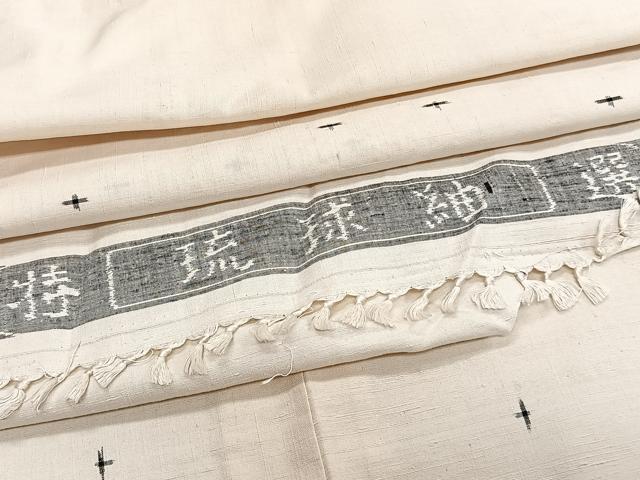 平和屋着物▽琉球紬　単衣　十字絣　反端付き　正絹　逸品　CAAT6561xi