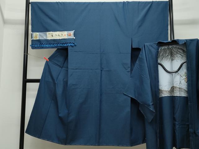 平和屋着物●男性　生つむぎ　アンサンブル　濃紺色　証紙付き　正絹　逸品　未使用　CAAT6825vf