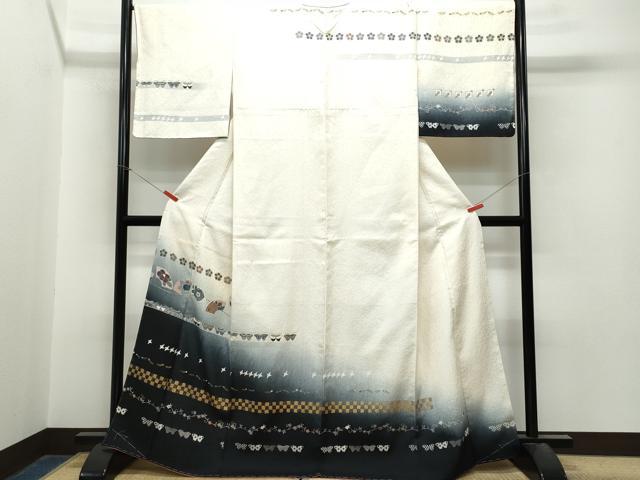 平和屋着物●訪問着　ふくれ織　地紙花蝶千鳥文　暈し染め　金彩　正絹　逸品　CAAT6896vf