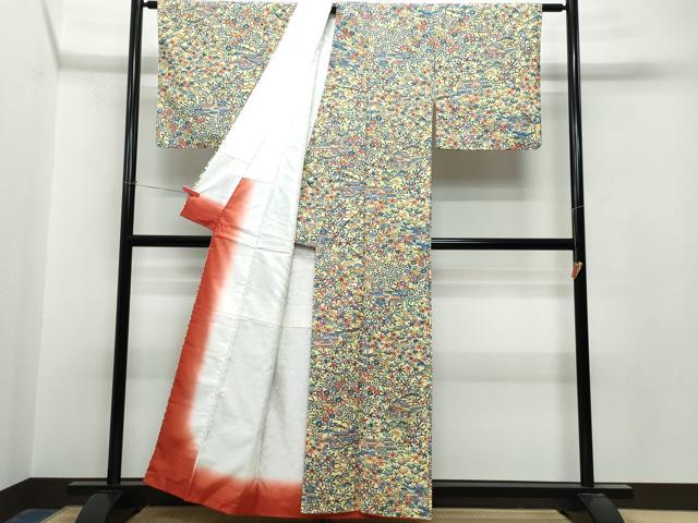 平和屋着物○上質な小紋 紬地 型染め 草花文 正絹 逸品 AABA4648ck