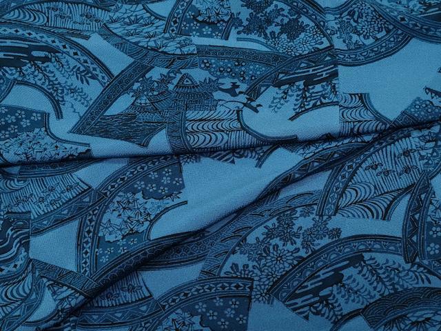 平和屋着物●上質な小紋　藍　型染め　地紙風景草花文　鬼しぼ縮緬　正絹　逸品　未使用　CAAT6929vf