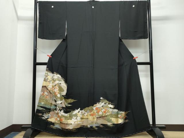 平和屋着物●豪華黒留袖　駒刺繍　飛鶴屏風草花文　金彩　正絹　逸品　未使用　CAAT6991vf