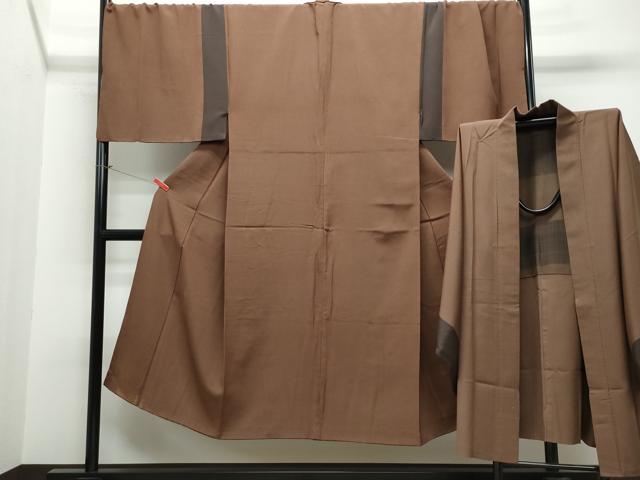 平和屋着物●男性　色無地　羽織セット　着物：茶褐色　羽織：焦茶色　正絹　逸品　CAAT7098vf