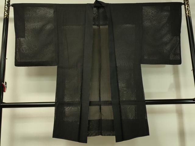 平和屋着物▽男性　長羽織　スリーシーズン　春夏秋　塵除け　縦絽　黒地　正絹　逸品　CAAT7416vp