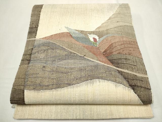 平和屋着物●八寸名古屋帯　紬地　草花文　金糸　正絹　逸品　CAAT8016hy