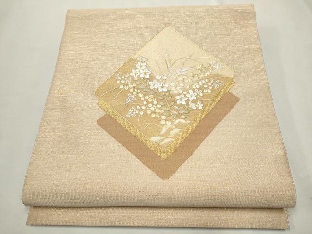 平和屋着物●八寸名古屋帯　刺繍　綴れ　色紙重ね草花文　金糸　正絹　逸品　CAAT8018hy