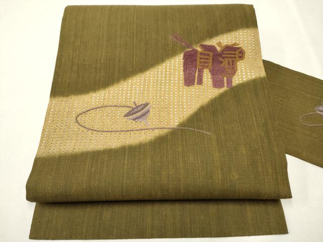 平和屋着物●中国三大刺繍　スワトウ相良刺繍　総刺繍　九寸名古屋帯　紬地　玩具文　正絹　逸品　CAAT8029hy