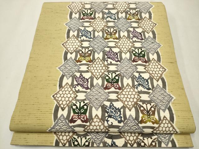 平和屋着物●両面　六通柄袋帯　紬地　東京染　紅型染め　舞蝶文　正絹　逸品　CAAT8049hy