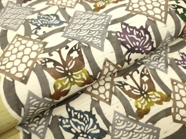 平和屋着物○両面 六通柄袋帯 紬地 東京染 紅型染め 舞