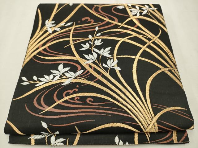 平和屋着物●六通柄　本袋帯　流水草花文　黒地　金糸　正絹　逸品　CAAT8055hy