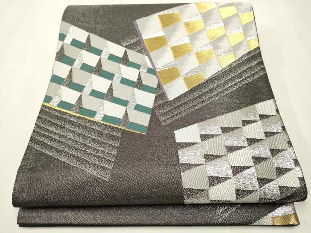 平和屋着物●六通柄袋帯　幾何学文様　金銀糸　正絹　逸品　CAAT8056hy