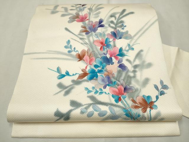 平和屋着物●染色作家　斉藤三才　九寸名古屋帯　枝花文　正絹　逸品　CAAT8105hy