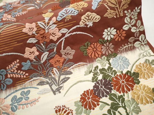 平和屋着物○六通柄袋帯 唐錦 能装野花文 正絹 逸品 CAAT8142hy