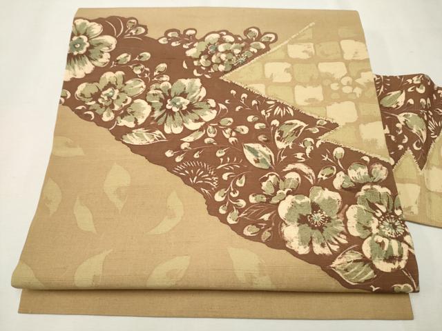 平和屋着物●九寸名古屋帯　紬地　型染め　草花文　正絹　逸品　CAAT8159hy