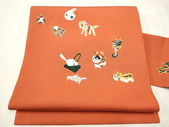 平和屋着物●塩瀬　九寸名古屋帯　手描き　十二支　正絹　逸品　CAAT8163hy