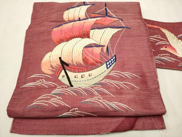 平和屋着物●アンティーク　大正ロマン　九寸名古屋帯　総刺繍　船　金糸　正絹　逸品　CAAT8168hy