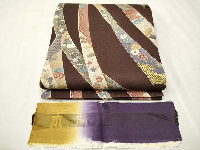 平和屋着物●両面　全通柄袋帯　本場縞大島紬　熨斗草花文　銀通し地　証紙付き　　正絹　逸品　CAAT8181hy