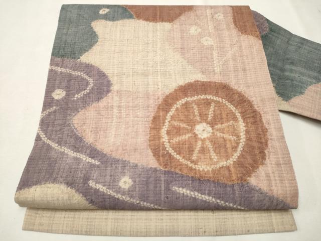 平和屋着物○九寸名古屋帯 紬地 紅型 扇面花文 正絹 逸品