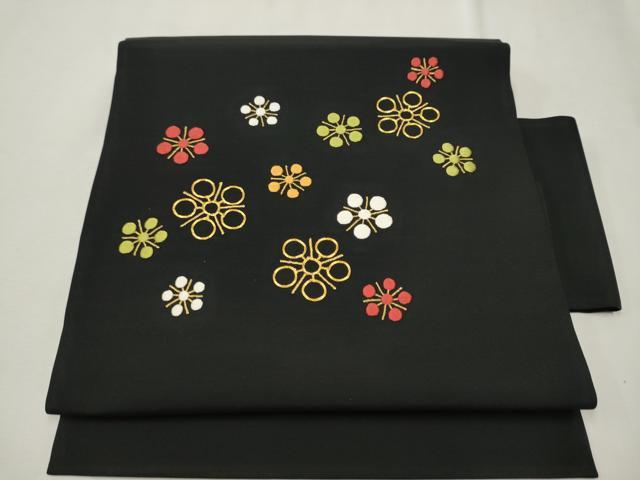 平和屋着物●塩瀬　つけ帯　総刺繍　駒刺繍　梅鉢　黒地　金糸　正絹　逸品　CAAT8391hy