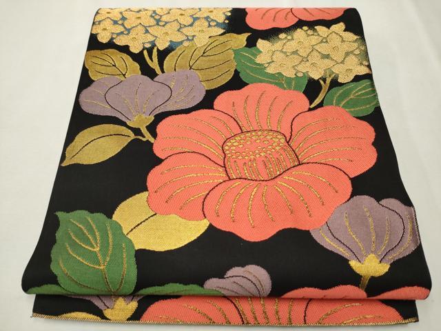 平和屋着物●全通柄　本袋帯　草花文　黒地　金糸　正絹　逸品　CAAT8395hy