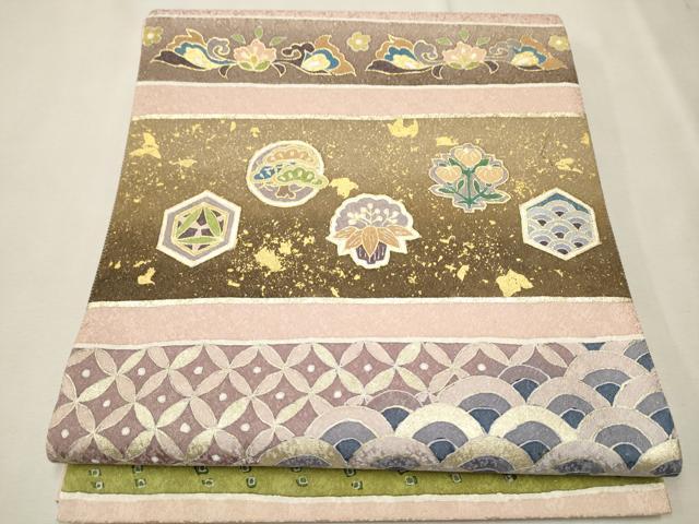 平和屋着物●六通柄袋帯　横段花文　銀通し地　正絹　逸品　CAAT8398hy