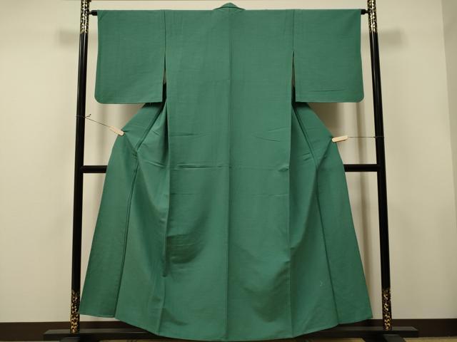 平和屋着物▽上質な色無地　単衣　お召縮緬　花緑青色　正絹　逸品　CAAT9214dy