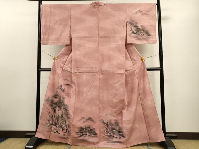 平和屋着物▽訪問着　単衣　紬地　手描き　樹林文　金銀彩　正絹　逸品　CAAT9386dy