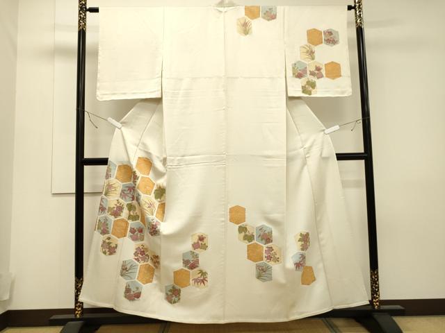 平和屋着物▽訪問着　単衣　亀甲草花文　金彩　正絹　逸品　未使用　CAAT9525dy