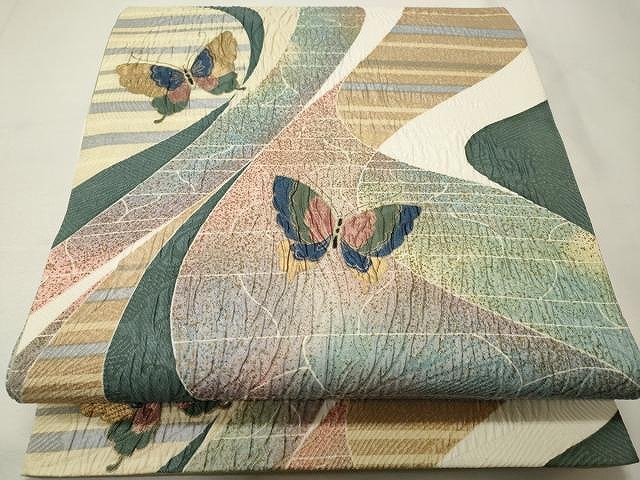 平和屋着物●博多織　鵬翔　全通柄袋帯　ふくれ織　舞蝶文　金銀糸　正絹　逸品　CAAU1032yk