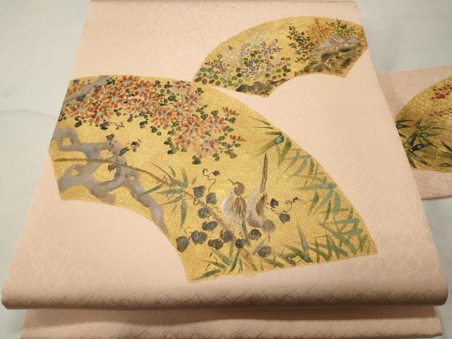 平和屋着物●九寸名古屋帯　手描き　雀　地紙花文　金彩　正絹　逸品　CAAU1039yk