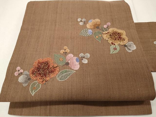 平和屋着物●九寸名古屋帯　総刺繍　紬地　枝花文　金糸　正絹　逸品　CAAU1086yk