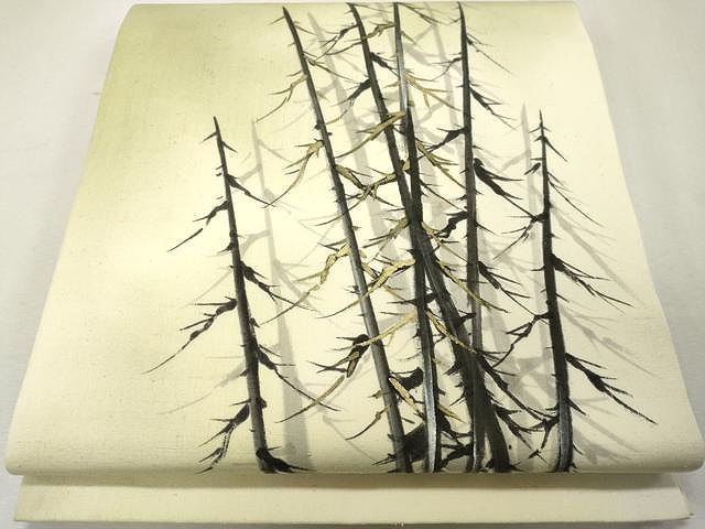 平和屋着物●九寸開き名古屋帯　手描き　紬地　枝木文　金彩　正絹　逸品　CAAU1087yk