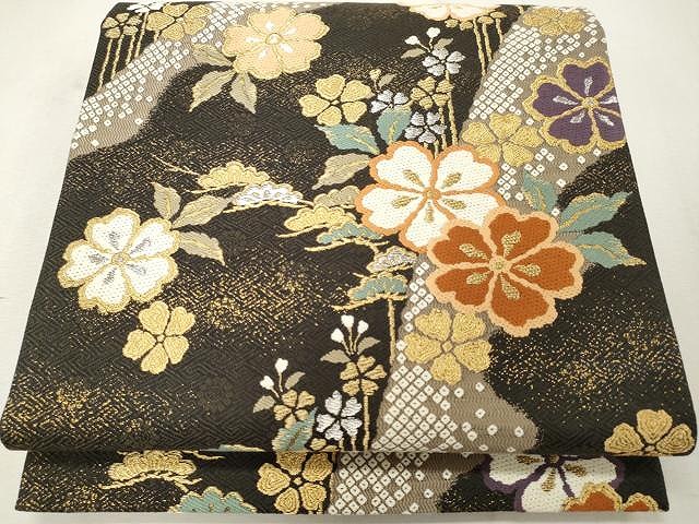 平和屋着物●六通柄袋帯　唐織　舞花文　黒地　金糸　やまと誂製　正絹　逸品　CAAU1108yk