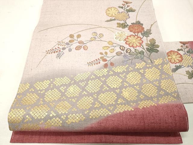平和屋着物●九寸名古屋帯　紬地　刺繍　枝花文　金彩　正絹　逸品　未使用　CAAU1111yk