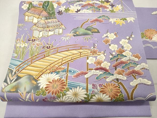 平和屋着物●九寸名古屋帯　流水風景渡橋文　金彩　正絹　逸品　CAAU1124yk