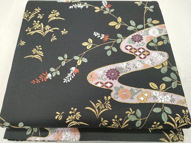 平和屋着物●六通柄袋帯　唐織　流水吉祥花文　黒地　正絹　逸品　CAAU1154yk