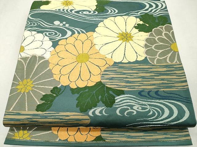 平和屋着物●極上　西陣　白綾苑大庭　六通柄袋帯　唐織　流水菊文　正絹　逸品　CAAU1158yk