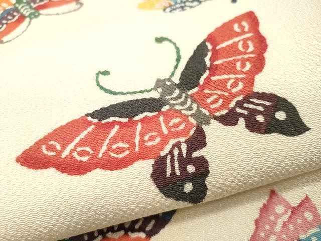 平和屋着物○九寸名古屋帯 型染め 舞蝶文 鬼しぼ縮緬