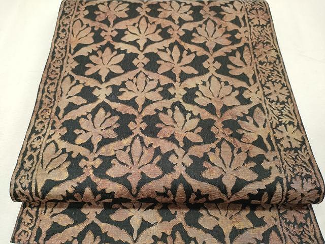 平和屋着物●六通柄袋帯　菱花文　黒地　金糸　反端付き　CAAU1173yk