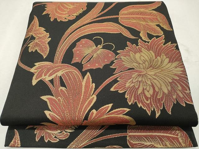 平和屋着物●織物一筋名門　織悦　全通柄　本袋帯　更紗舞蝶枝花文　黒地　金糸　正絹　逸品　CAAU1175yk