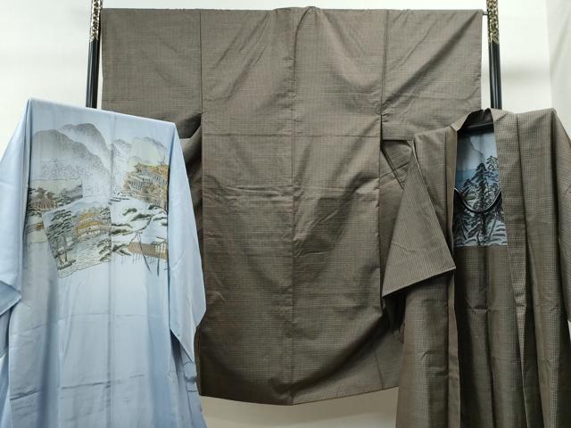 平和屋着物●男性　本場大島紬　アンサンブル・長襦袢セット　変わり格子　正絹　逸品　CAAU1602yc