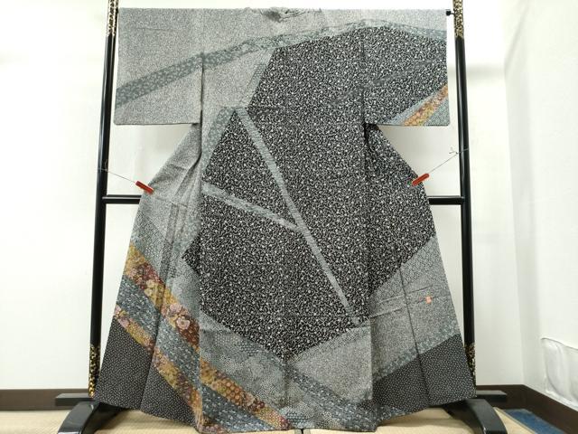 平和屋着物●友禅作家　仲野雅池　訪問着　更紗花蝶吉祥唐草文　たたき染め　黒地　正絹　逸品　CAAU1748yc