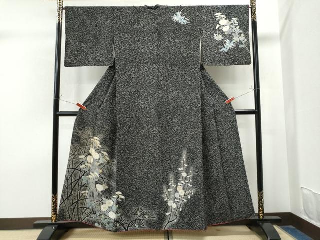 平和屋着物●訪問着　友禅　菊花文　たたき染め　黒地　正絹　逸品　CAAU1814yc