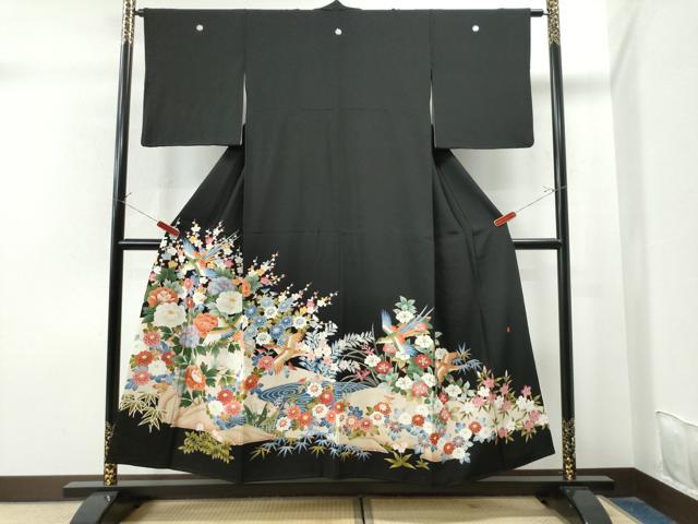 平和屋着物●本加賀友禅作家　稲荷茂雄　黒留袖　友禅　作家物　尾長鳥流水花文　正絹　逸品　CAAU1985yc