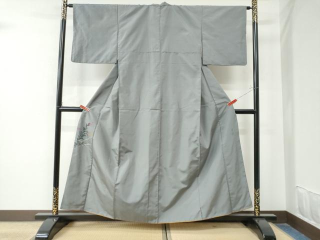 平和屋着物●西陣　宮階織物　宮繍苑　里葉　色留訪問着　紬地　草花文　銀糸　正絹　逸品　CAAU2077yc